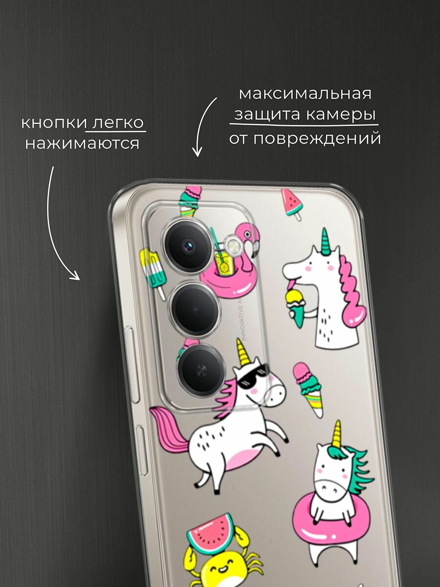 Чехол на Xiaomi Redmi 15 / Сяоми Редми 15 с принтом "Единороги в отпуске", прозрачный — фото 1