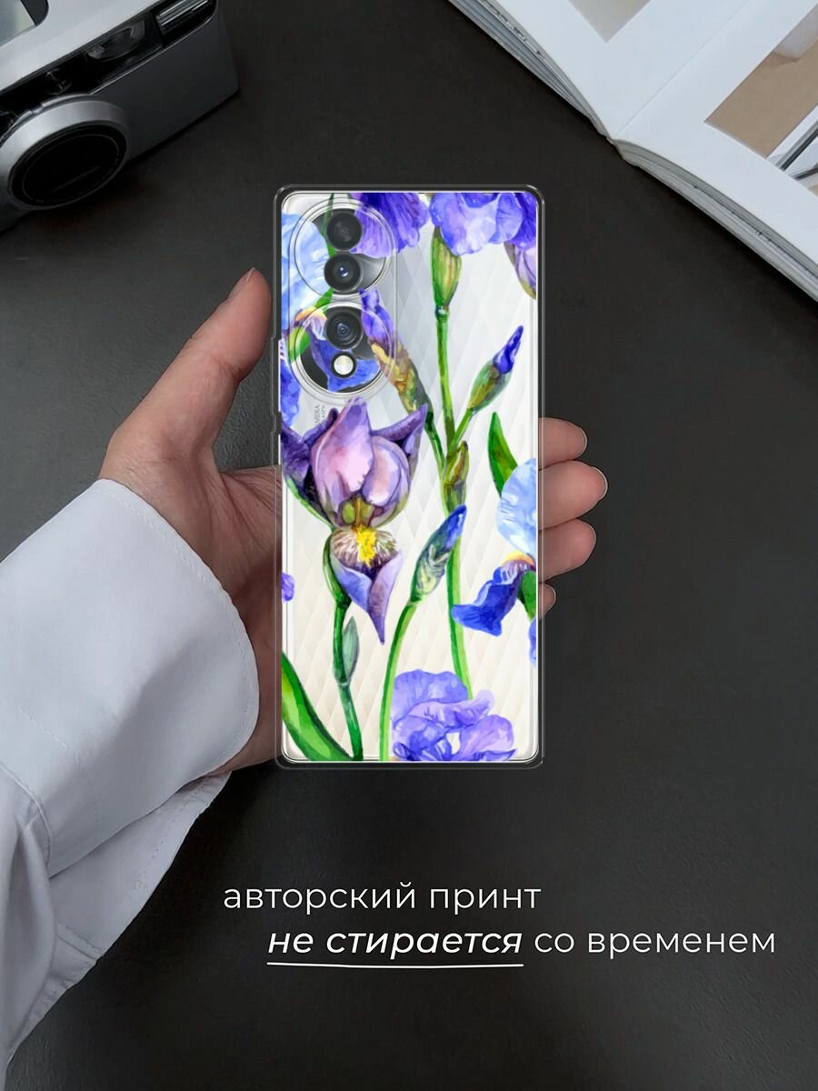 Чехол на Honor 70 / Хонор 70 с принтом "Синие ирисы", прозрачный — фото 1