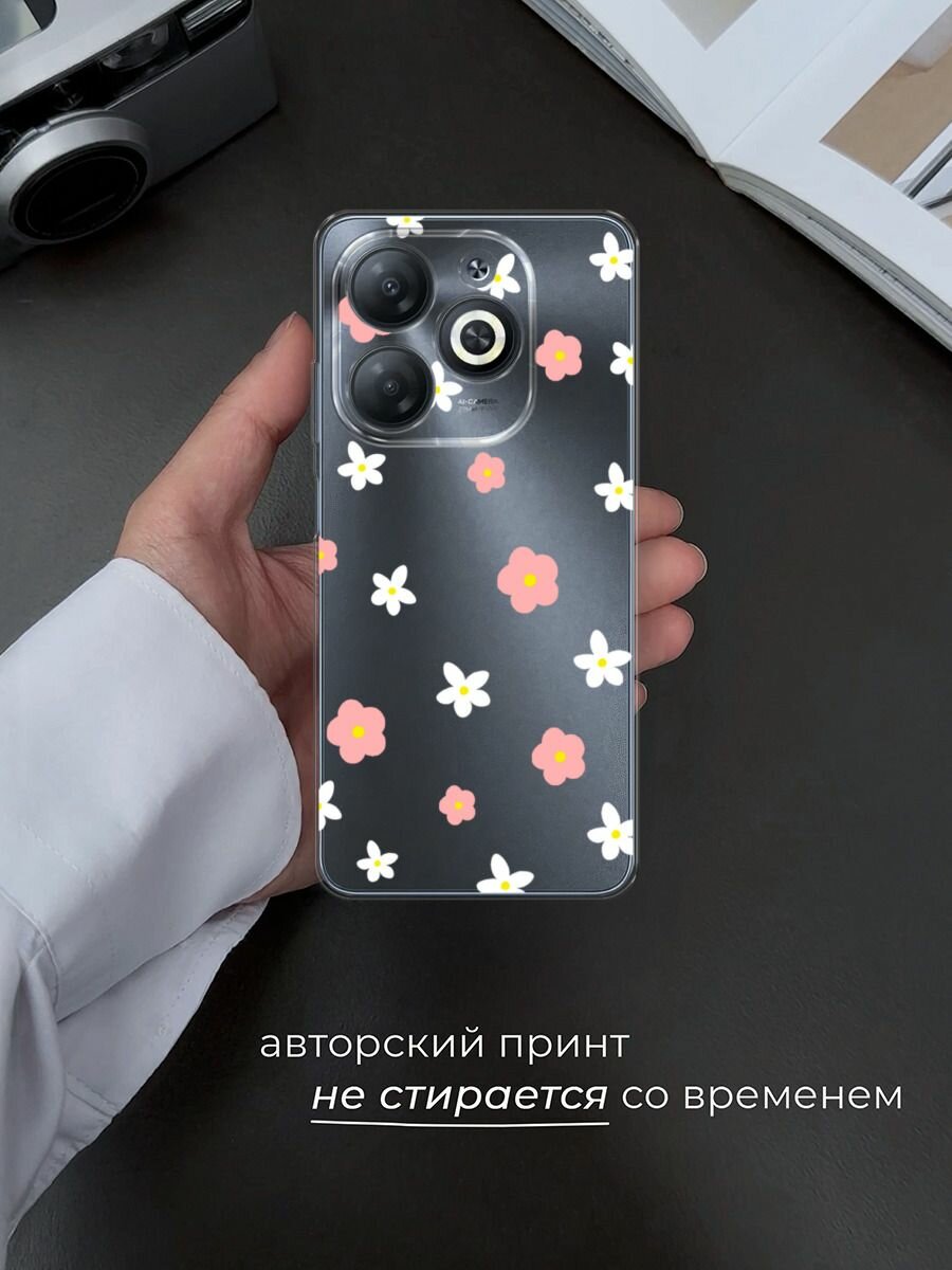 Чехол на Infinix Smart 8/8 HD/HOT 40i / Инфиникс Смарт 8/8 HD/HOT 40i с принтом "Розовые и белые цветы", прозрачный — фото 1