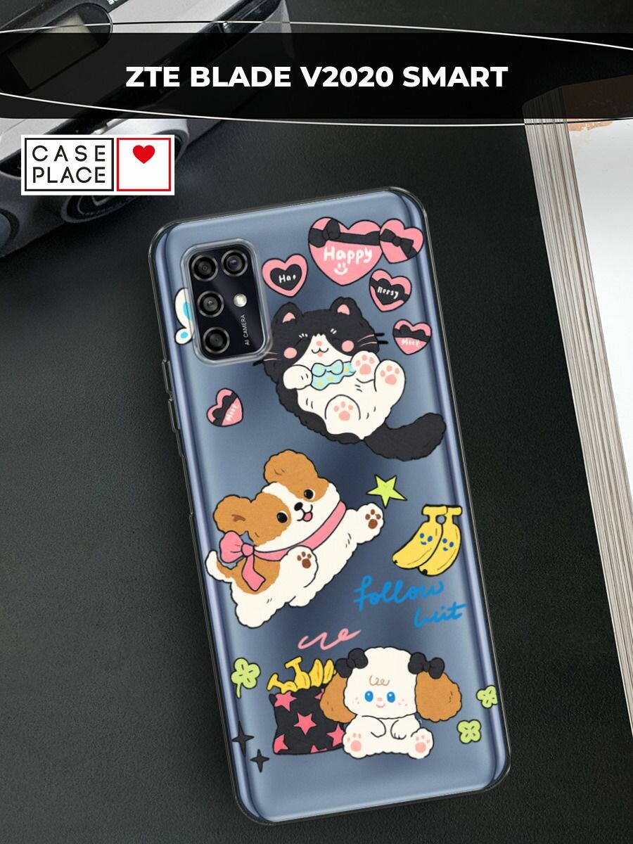 Чехол на ZTE Blade V2020 Smart / ЗТЕ Блейд В2020 Смарт с принтом "Кудрявые животные", прозрачный
