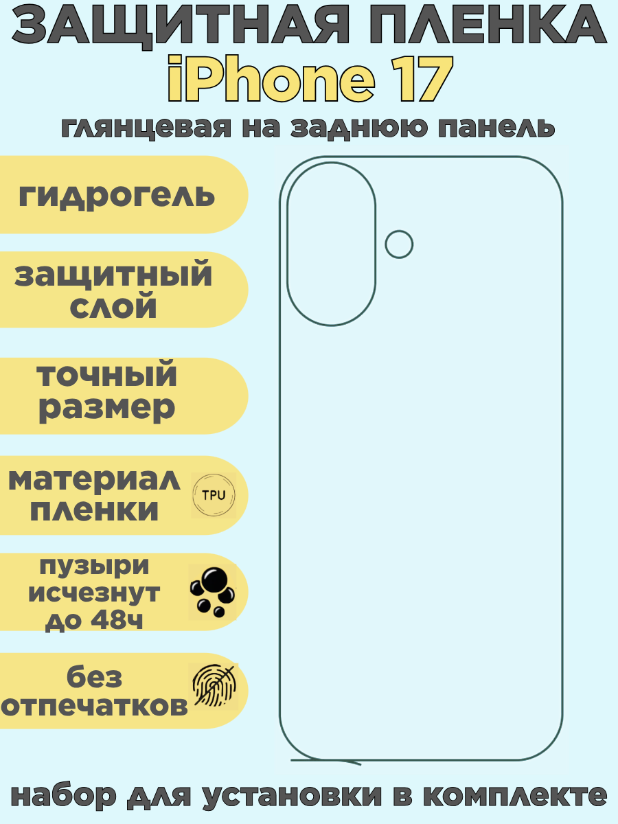 Задняя панель. Гидрогелевая полиуретановая защитная пленка для iPhone 17 глянцевая