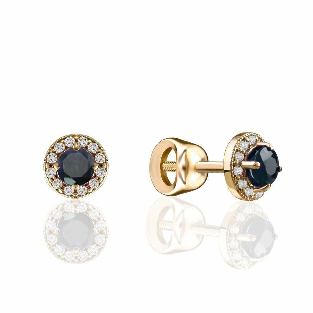 Моносерьга, желтое золото, 585 проба, родирование, бриллиант, сапфир