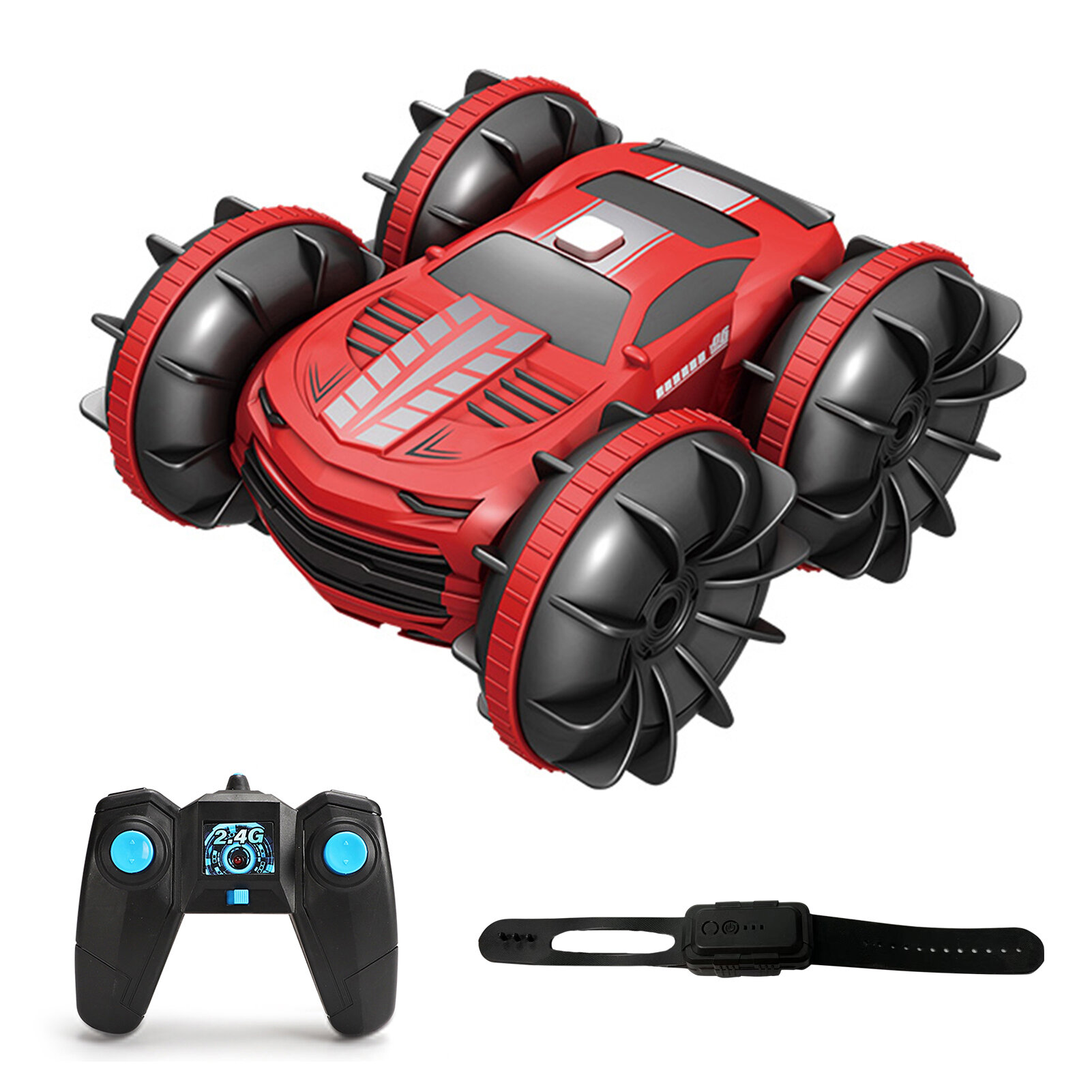 RC Stunt Car Двусторонний автомобиль Амфибийный радиоуправляемый автомобиль для детей 2 в 1 RC Boat 2.4GHz 360° Вращение Все terreny Xmas Birthday Gifts с LED Lights Control Watch, Материал: ABS, Мотор: щеточный, Дистанция управления: 40м, Батарея
