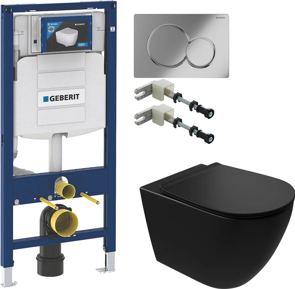 Комплект Унитаз подвесной STWORKI Готланд S13401BK безободковый, с микролифтом, черный / Инсталляция Geberit Duofix UP 320 111.300.00.5 / Кнопка хром, Крепления к стене