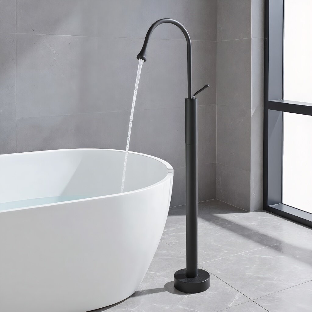 Смеситель для ванны, напольный, черный, латунь, нержавеющая сталь