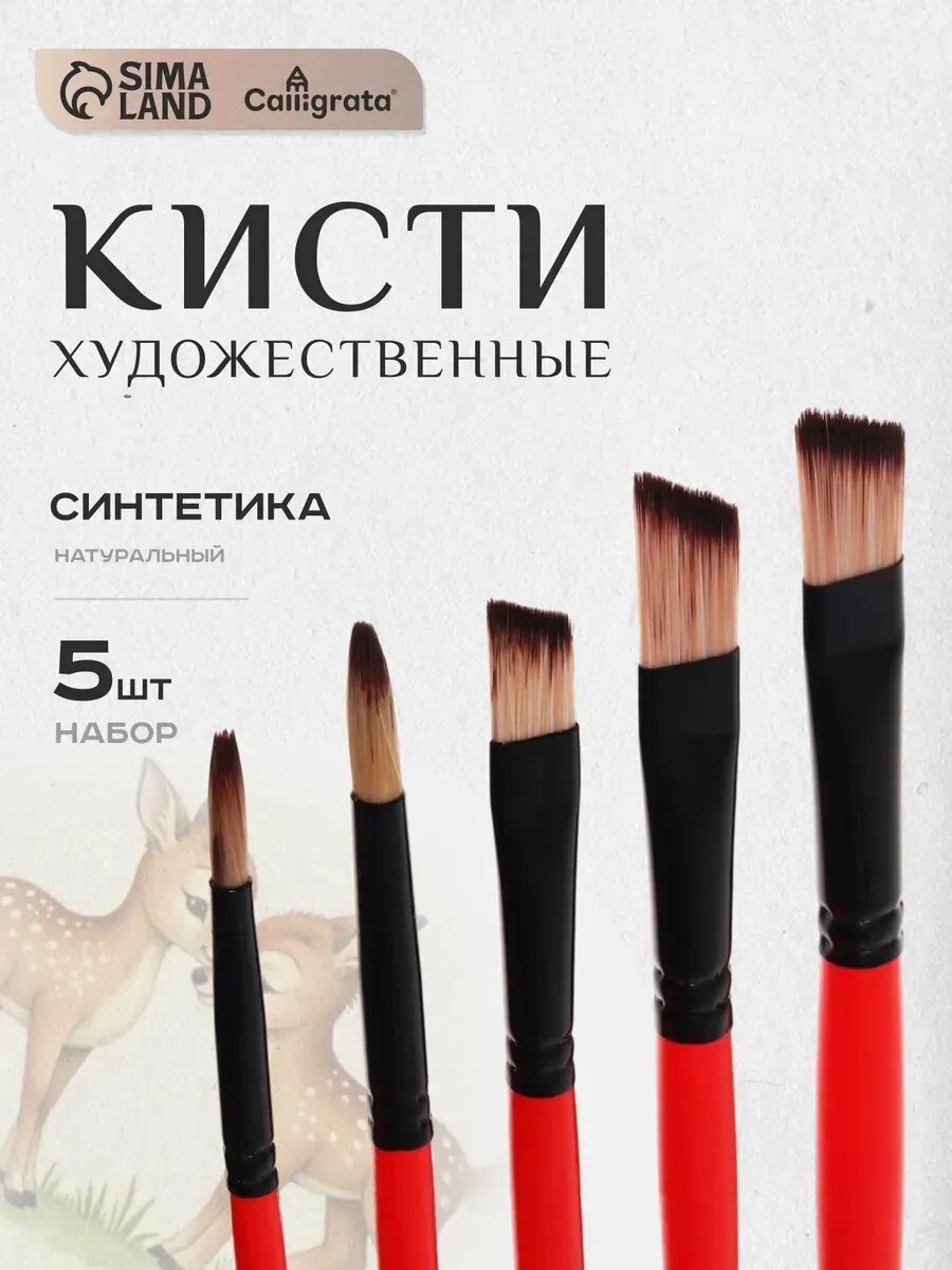 Набор кистей нейлон 5 штук: круглые и плоские