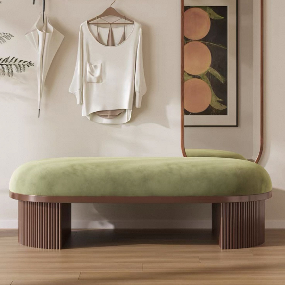 Интерьерная овальная банкетка на металлическом основании Moriniere (коричневое основание / зеленый текстиль / 100см)