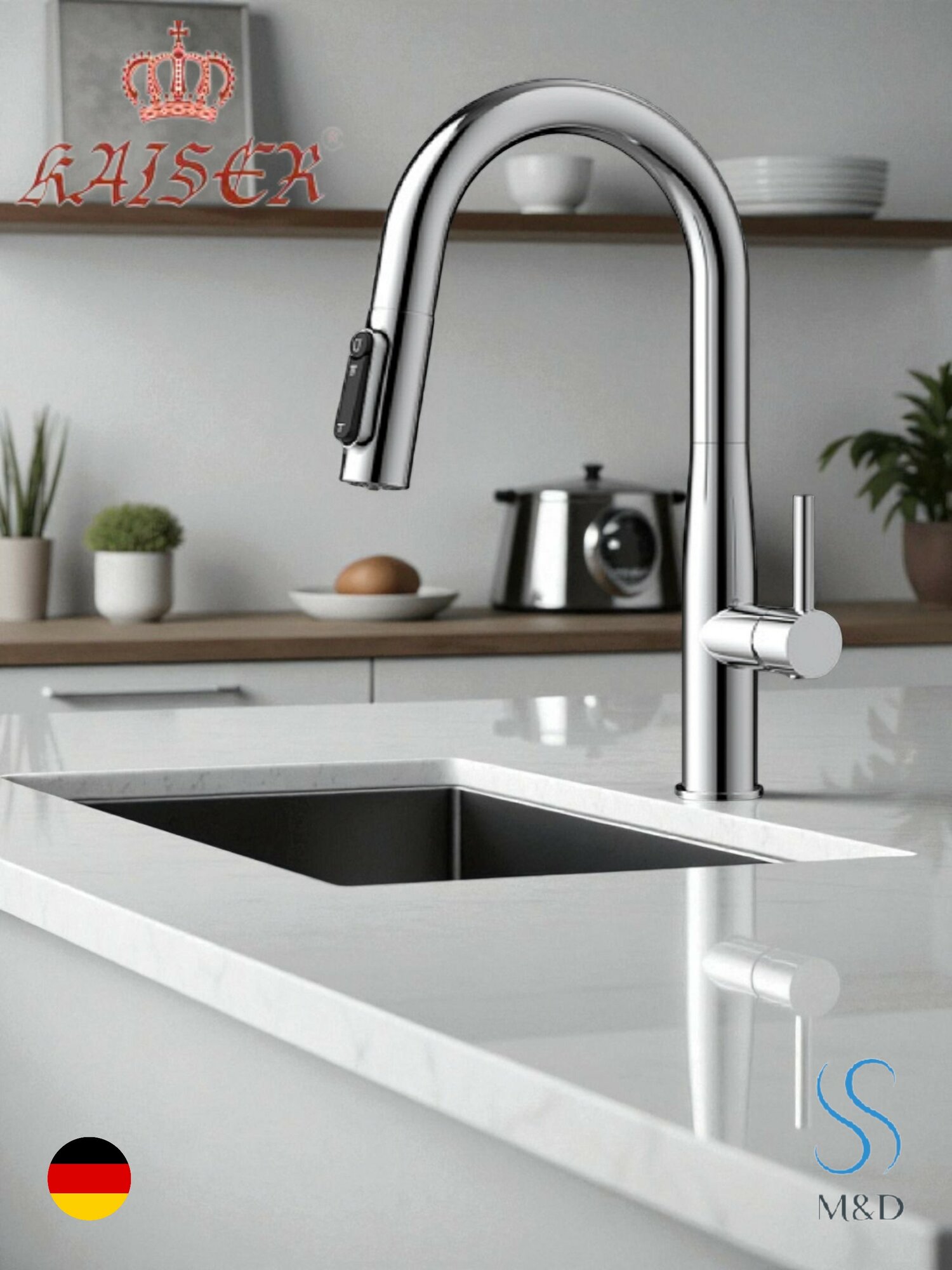 Смеситель для кухни KAISER 3 в 1 с подключением фильтра и выдвижным изливом /хром