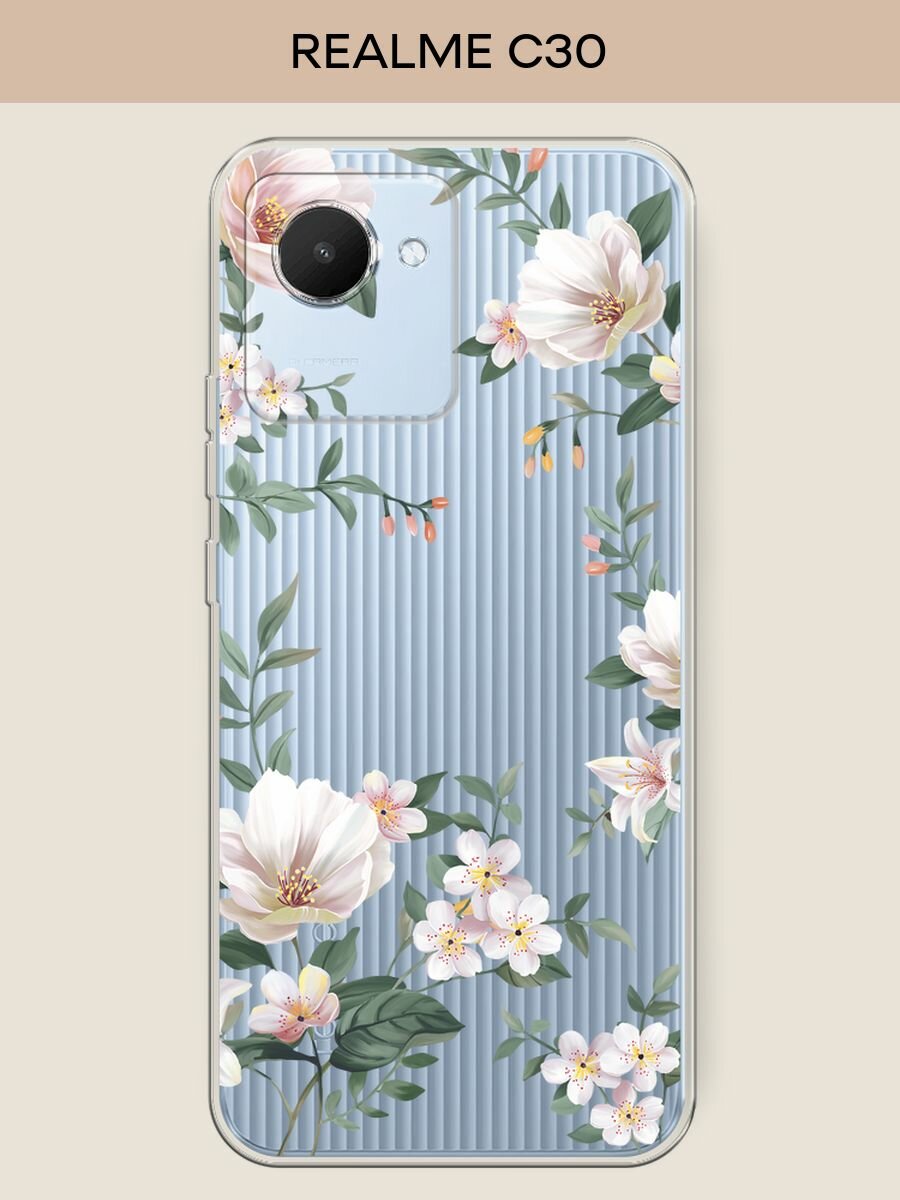 Чехол на Realme C30 / Реалми C30 с принтом "Beautiful white flowers", прозрачный