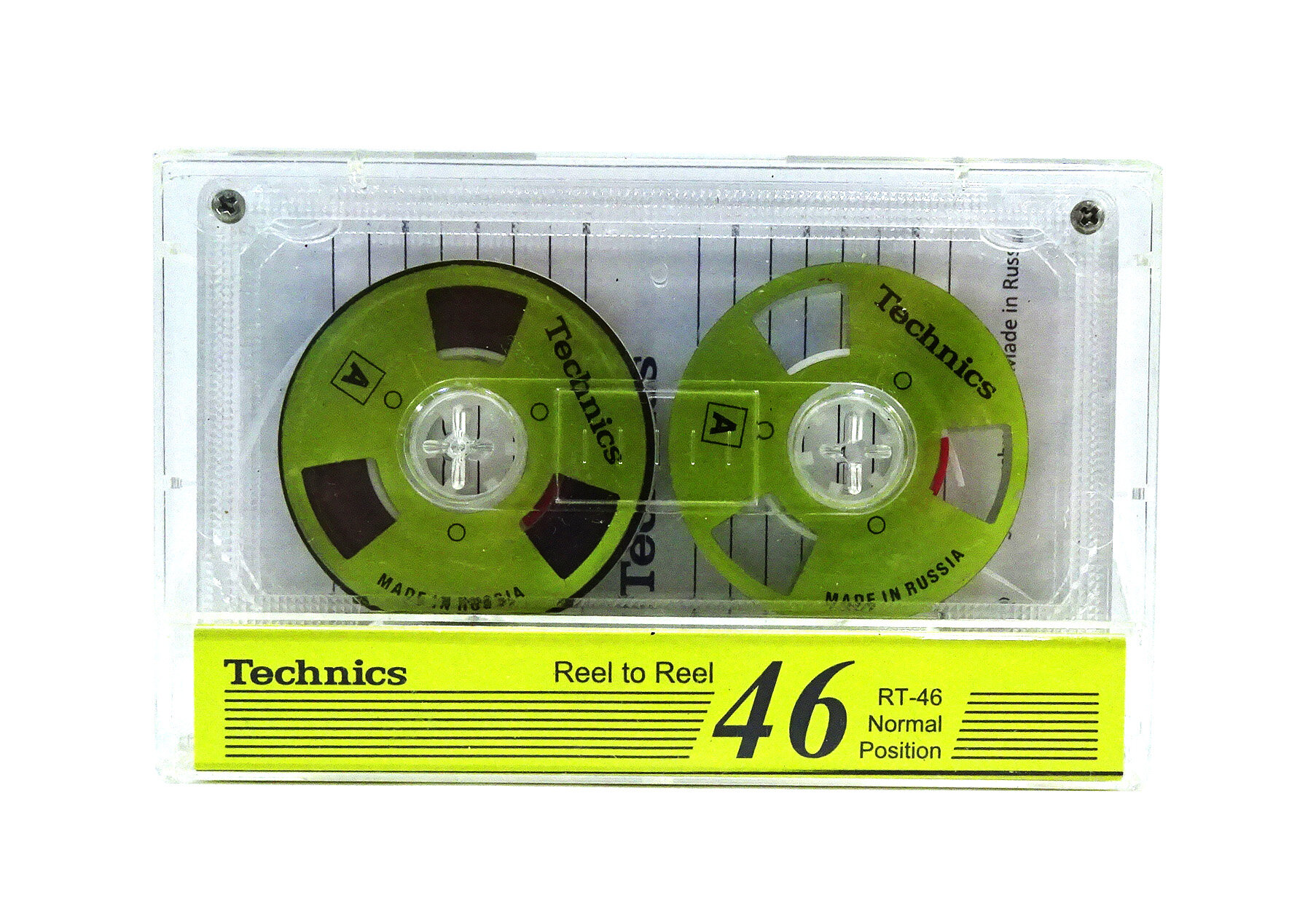 Аудиокассета "Technics RT-46" с жёлто-зелёными катушками