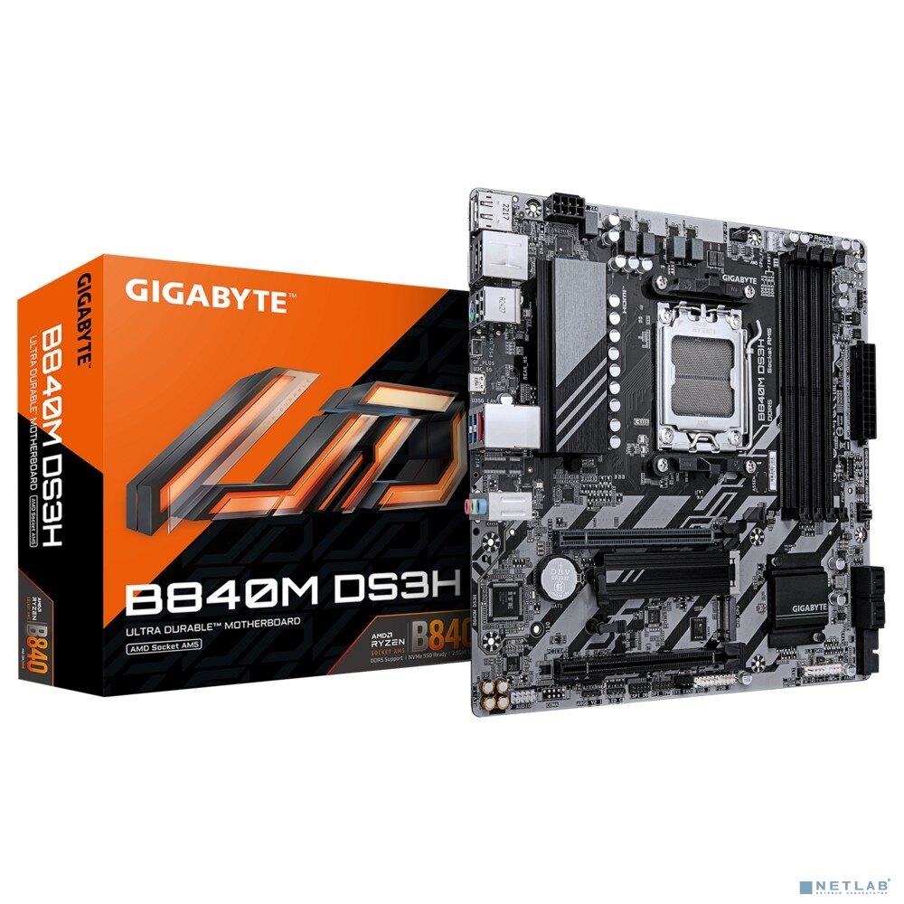 Gigabyte B840M DS3H {Socket AM5, AMD B840, 4xDDR5-5200, HDMI+DP+DP, 2xPCI-Ex16, 4xSATA3(RAID 0/1/10), 2xM.2, 8 Ch Audio, 1x2,5GLan, (4+4)xUSB2.0, (2+2)xUSB3.2, (1+1)xUSB Type-C™, 1xPS/2, mATX} RTL
