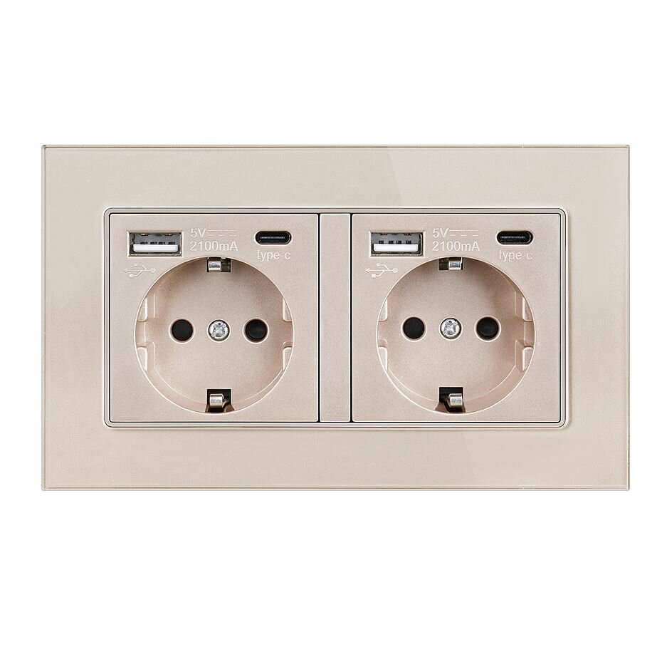 Розетка электрическая двойная с USB и type-C входами, рамка закаленное стекло панели Золотая