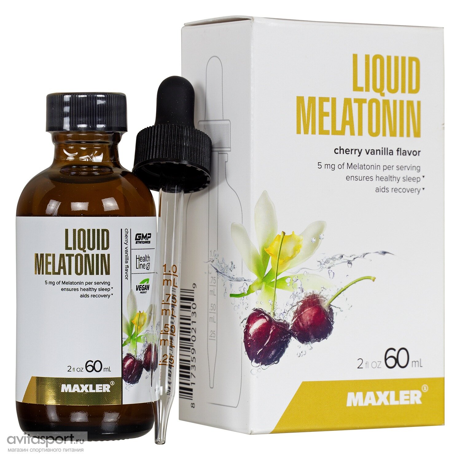 Срок до 04/2026 Melatonin Maxler Liquid, антиоксидант, для сна, раствор, вишня, 60мл