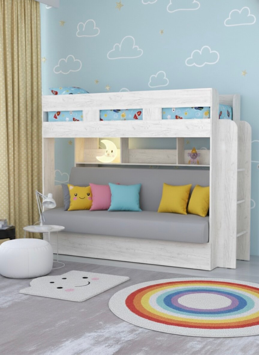 Кровать двухъярусная с диваном DobroMeb, двухместная ЛДСП, Цвет дуб крафт белый