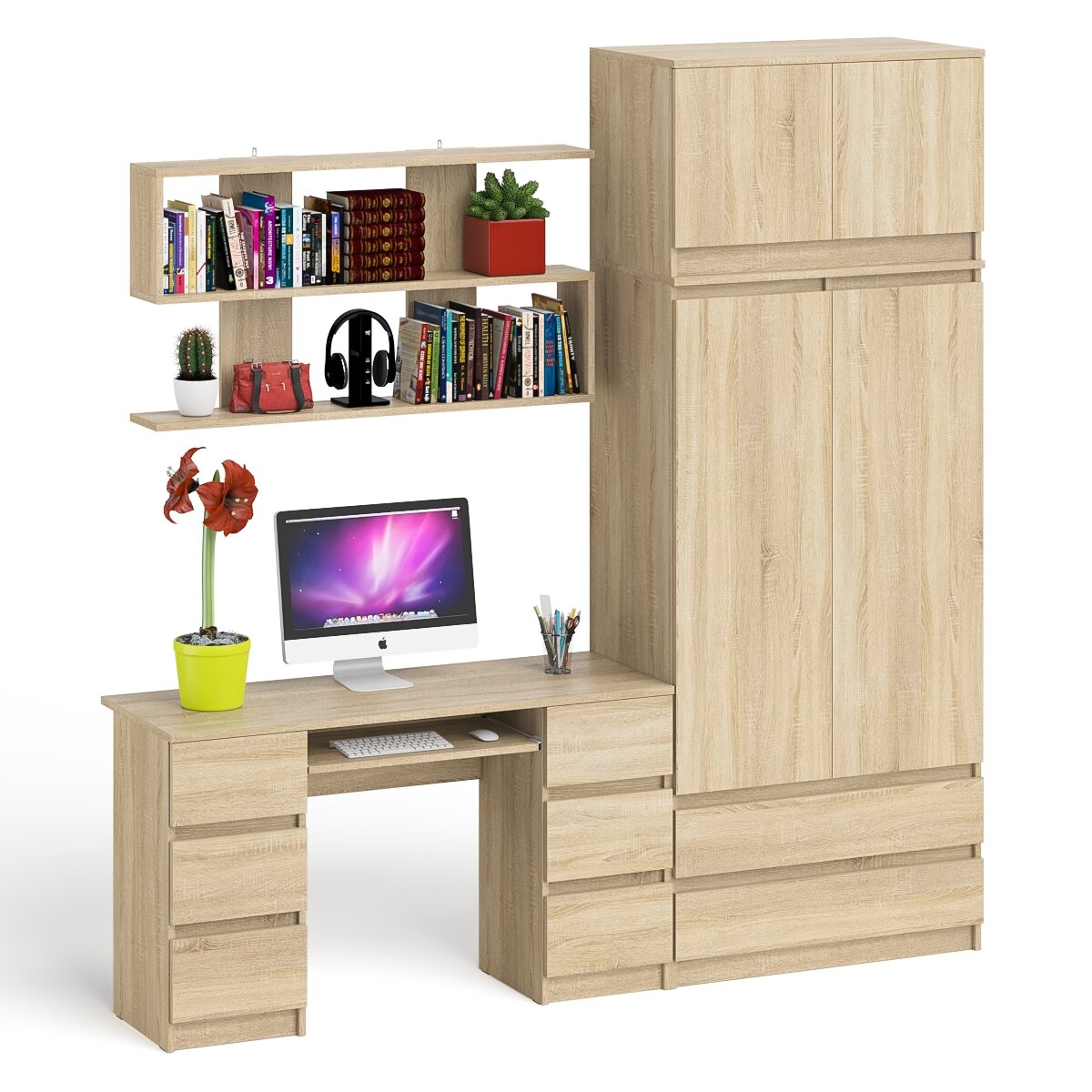 Шкаф-комод с антресолью Мори МШ900.1 со столом для работы и учёбы и полкой, дуб сонома, 225,8х50,4х234,2 см.