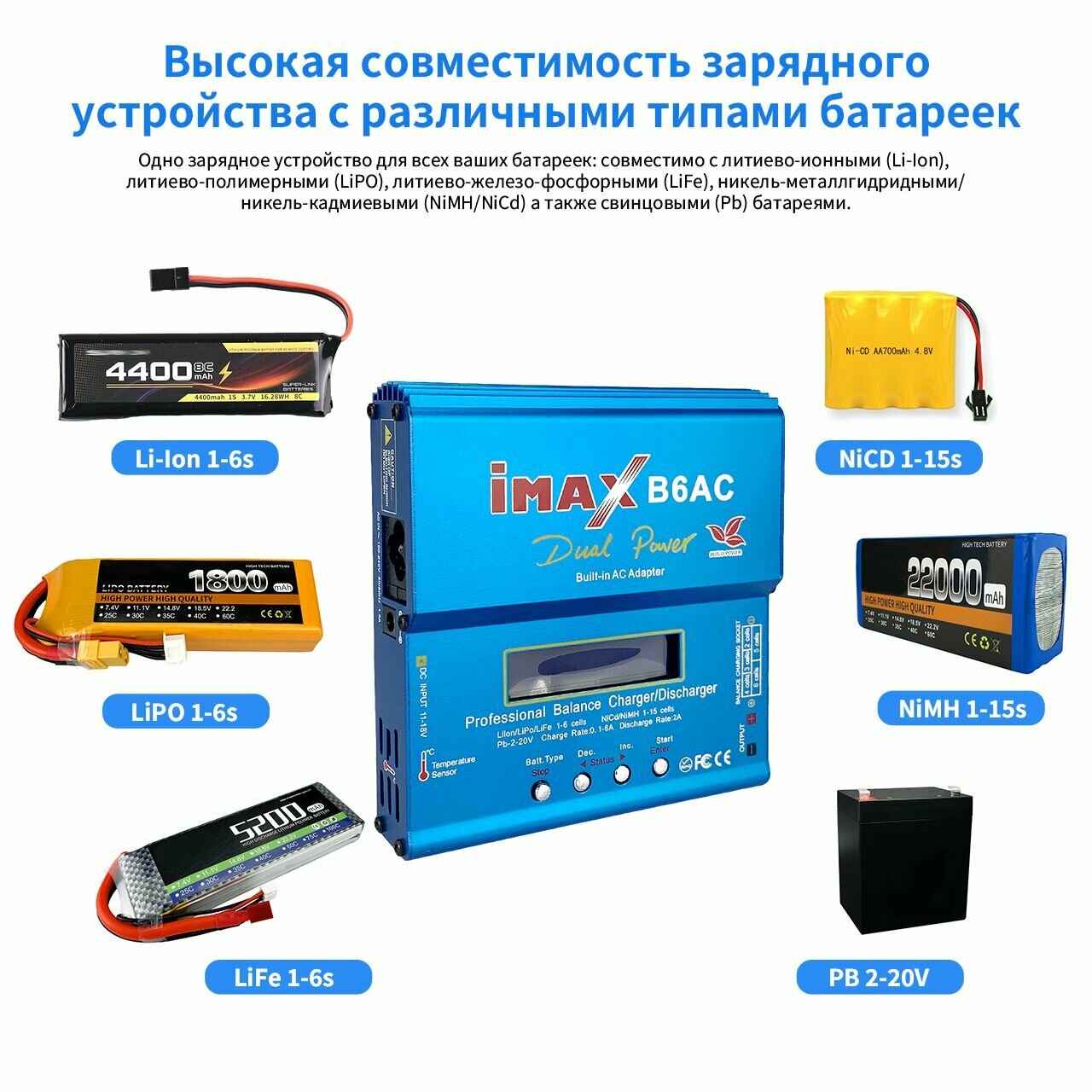 IMAX B6AC зарядное устройство 80W 6A Nimh Nicd LiPo цифровое балансированное зарядное устройство Power 12v 6A адаптер зарядные кабели