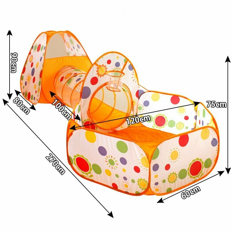Детские палатки, крытые игровые домики, туннели для ползания и баскетбольные площадки (без мячей).