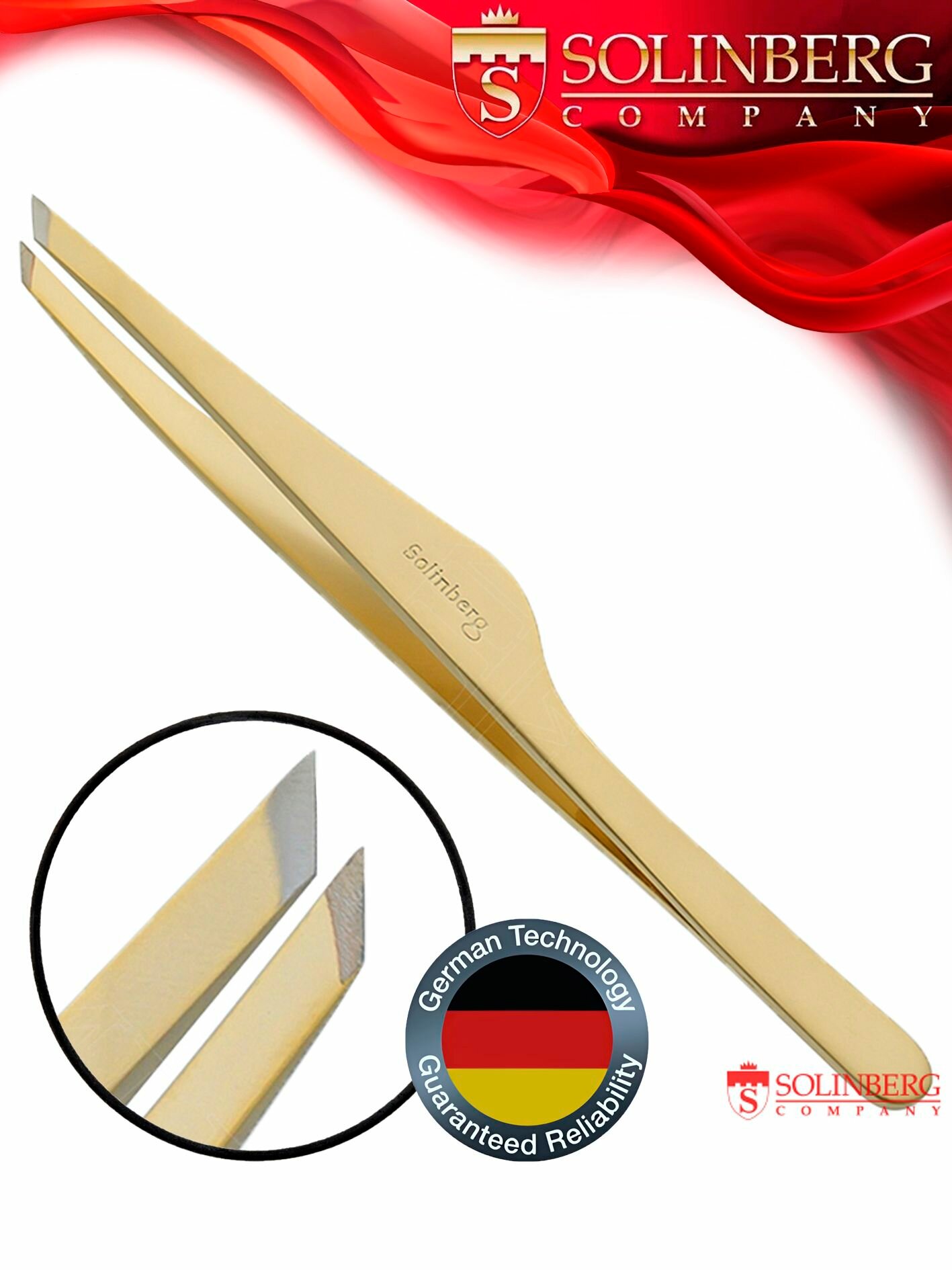 Пинцет для бровей Solinberg G805з скошенный, золотой (ручная заточка)
