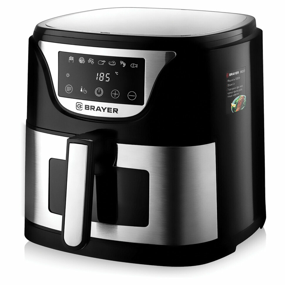 Аэрогриль BRAYER BR2037, 1500 Вт, 5 л, 7 программ, таймер, сенсорное управление, нержавеющая сталь, 458490