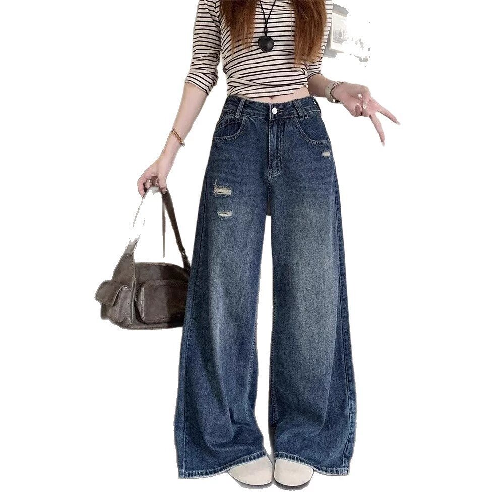 Женские джинсы LI Mall Американские рваные карго — осенние плюс размер высокоходные свободные прямые штаны, Размер_