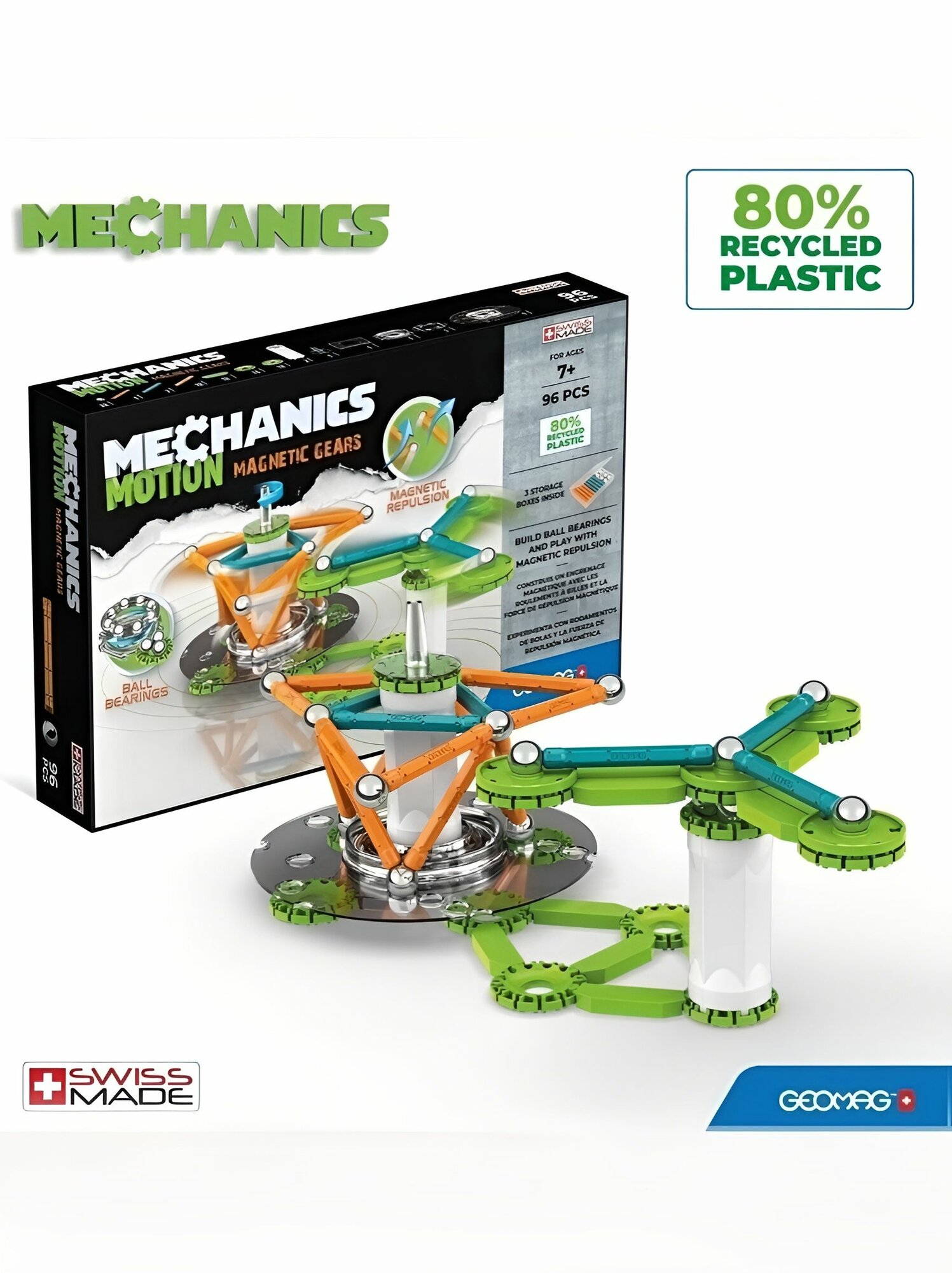 GEOMAG Конструктор магнитный Механика движение, магнитные шестерёнки, 96 элементов для детей от 8 лет