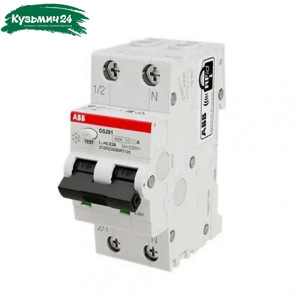 Дифавтомат ABB DS201, 2П, 16 А, 30мА, 6 кА, электромеханический