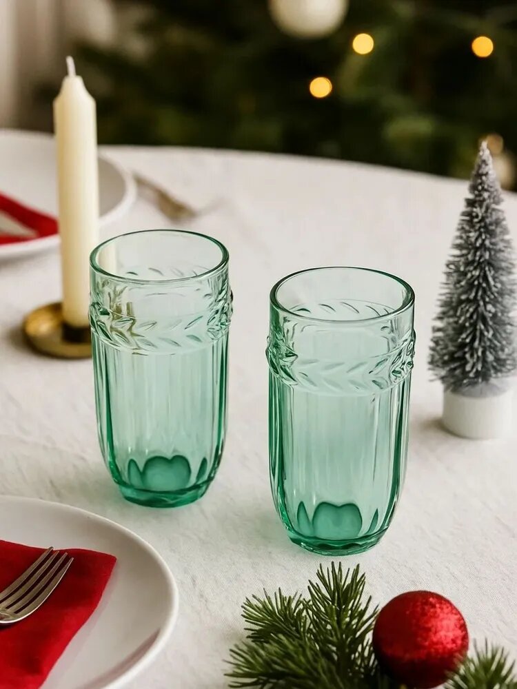 Набор стаканов цветных, зеленые высокие 2 шт, 350 мл, с рисунком. Упрочненное цветное стекло.