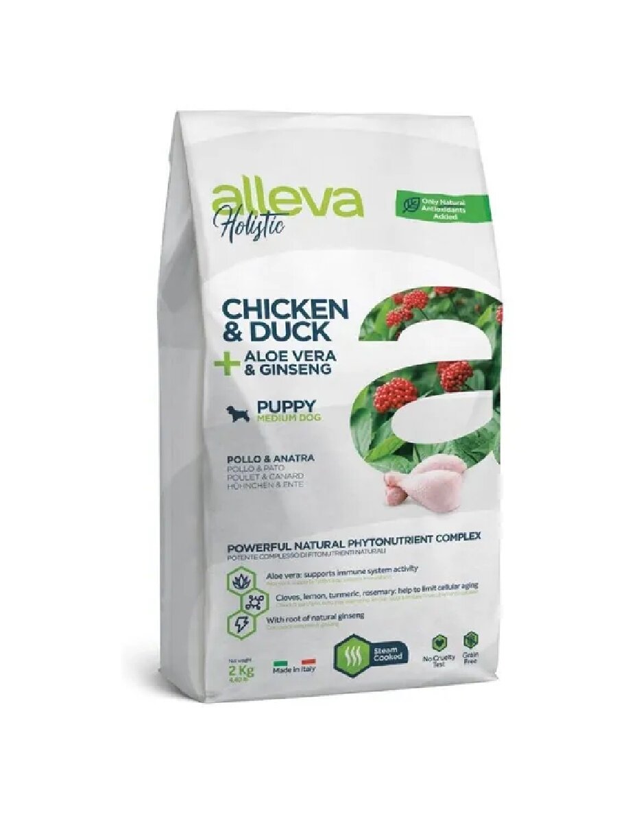 ALLEVA HOLISTIC сухой корм для щенков и юниоров с курицей и уткой, Медиум 2 кг