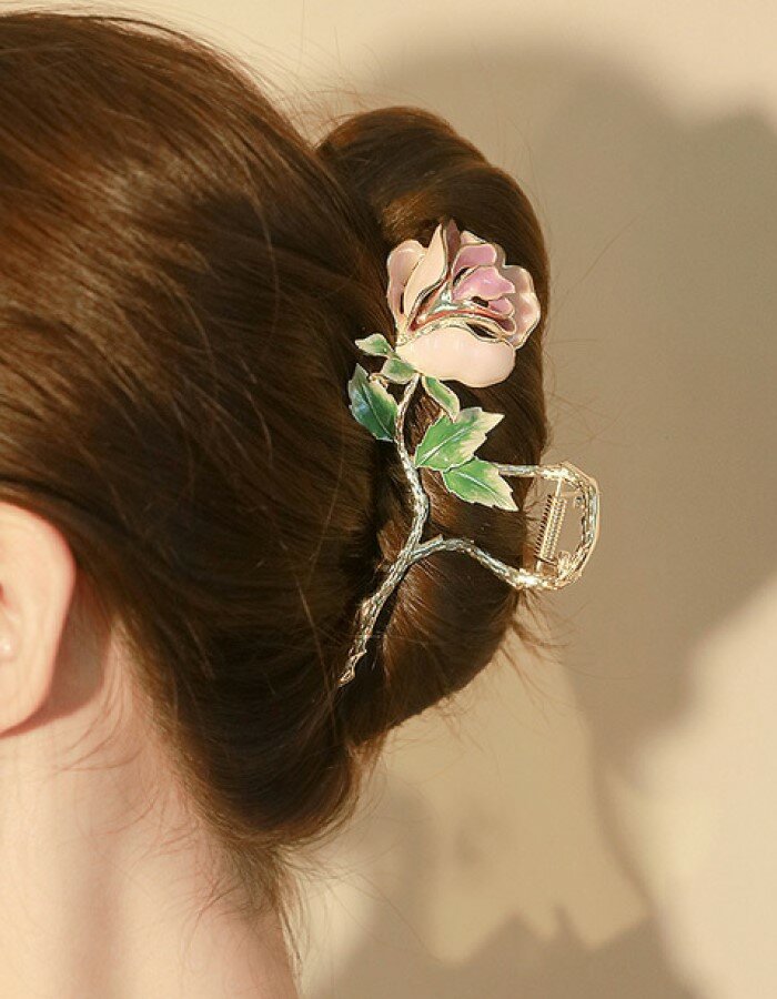 Заколка для волос, крабик в виде розы, металлическая, цвет - розовый и зеленый