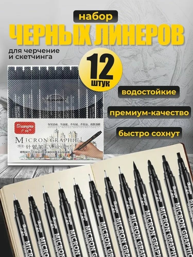 Набор ручек Линер, толщина линии: 0.05 мм, цвет: Черный, 12 шт.