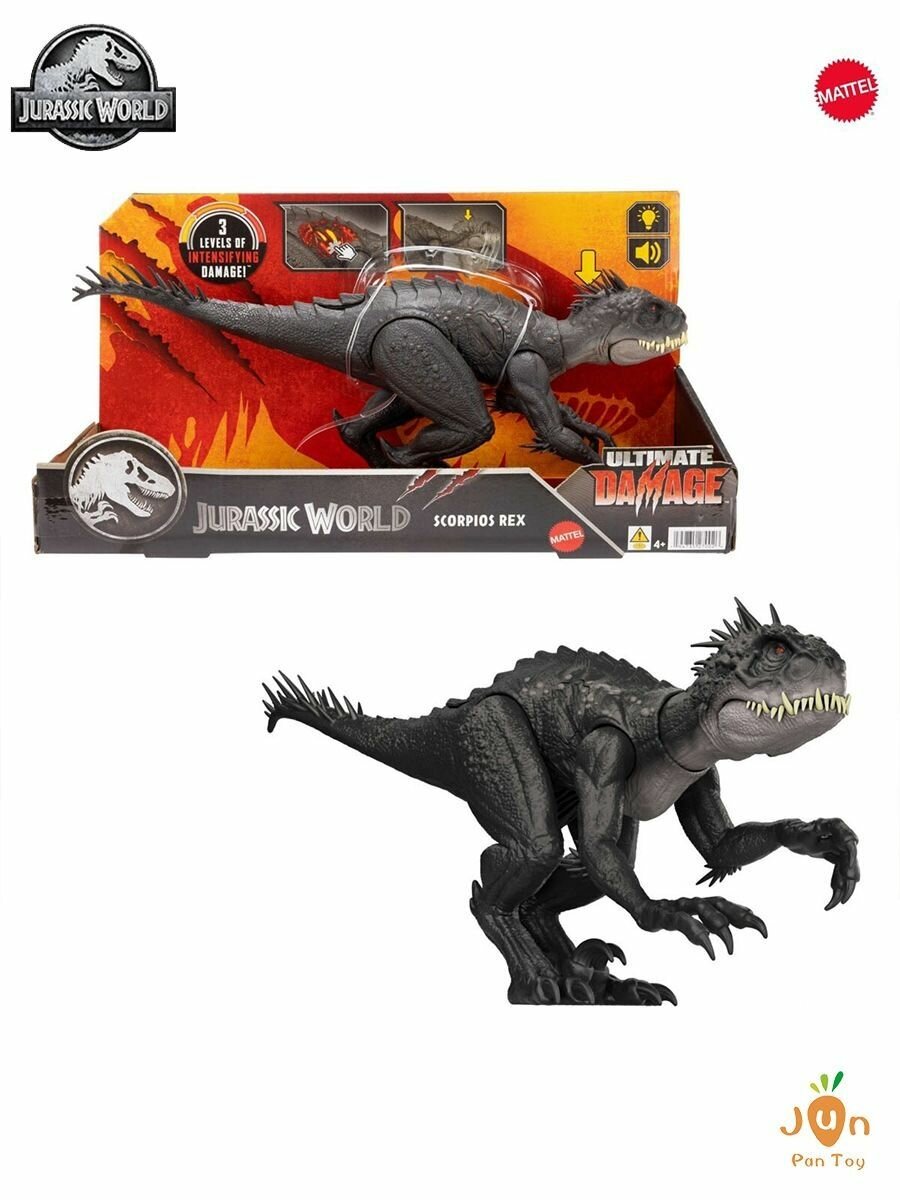 Эксклюзивная фигура динозавра Scorpios Rex от Mattel Jurassic World с нанесением урона, оснащена световыми и звуковыми эффектами, представляет собой уникальный презент для мальчиков