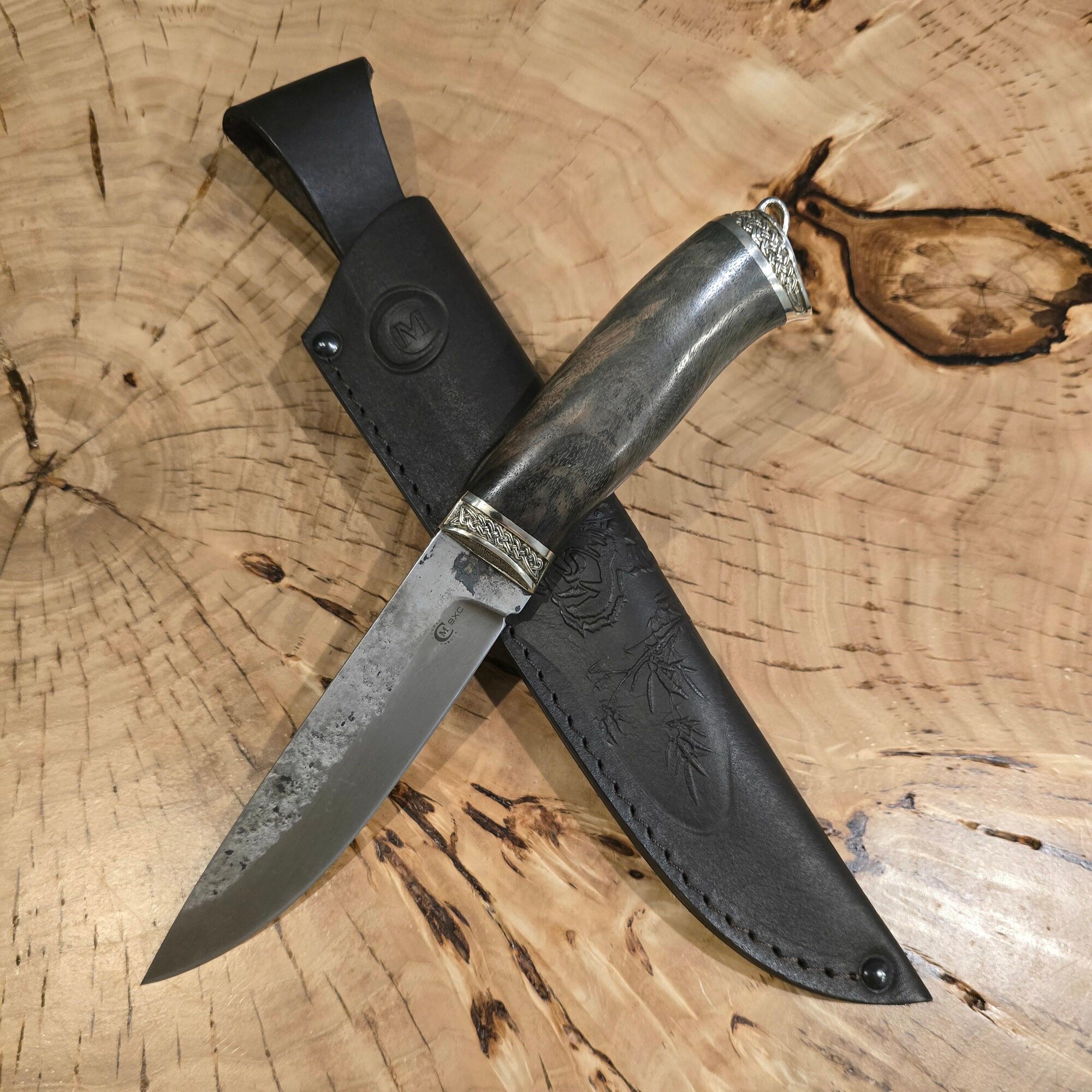 Нож Тигр, кованая сталь 9ХС, рукоять ценные породы дерева, стабилизированная карельская береза, Мастерская Семина