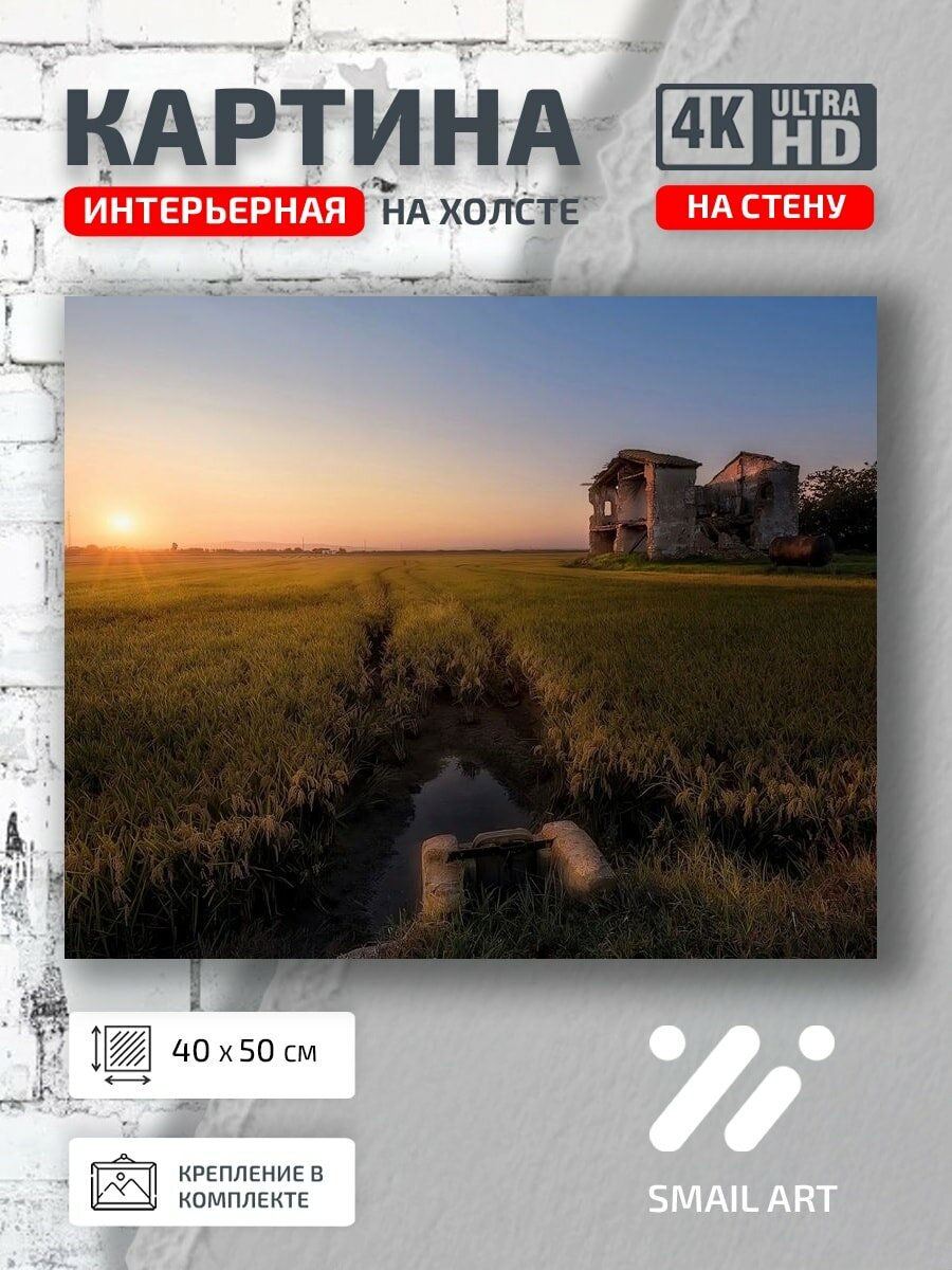 Картина на холсте интерьерная 40 на 50 на стену дом утро для гостиной атмосфера