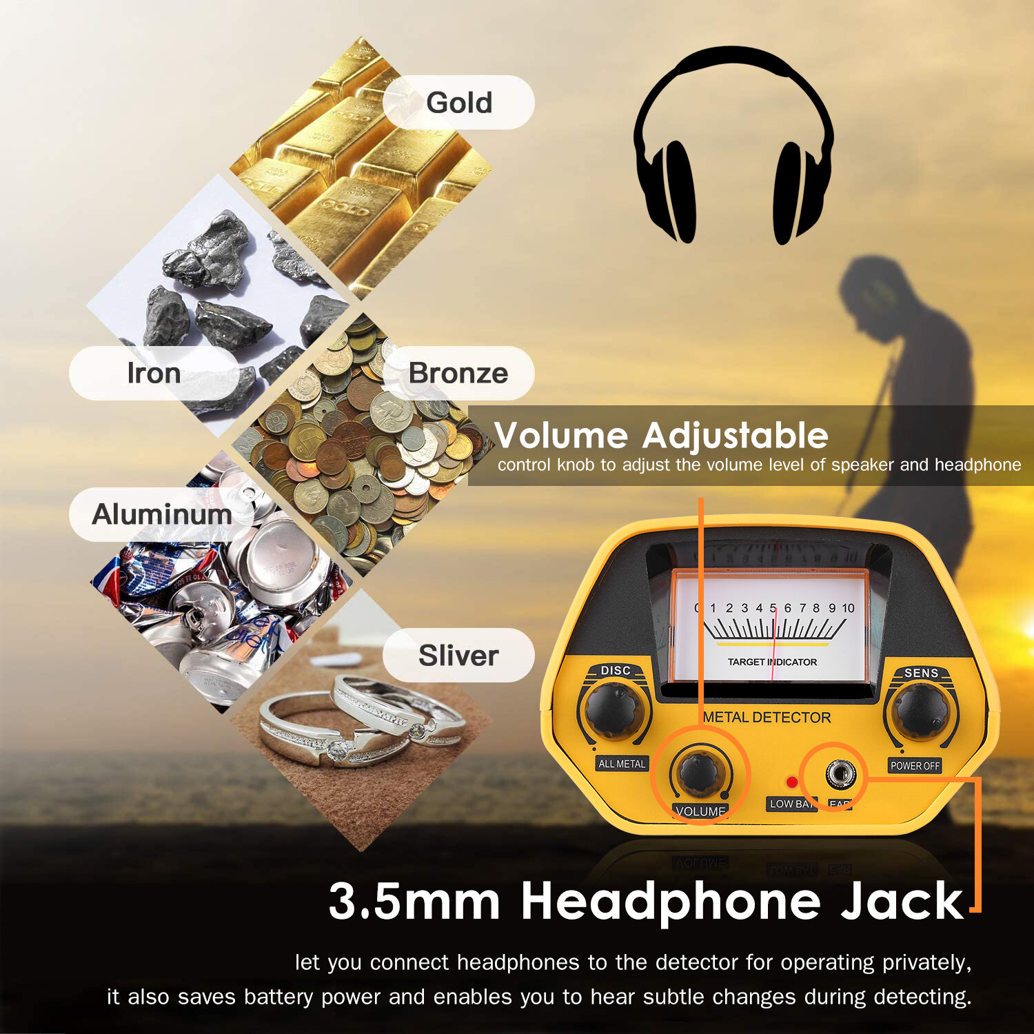 Портативный легкий водонепроницаемый подземный металлоискатель с наушниками