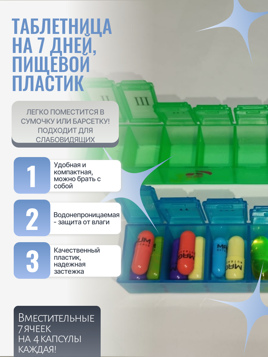 Контейнер для капсул TSP "KL-7503", 13x3x2 см, голубой, с крышками, для дома и офиса
