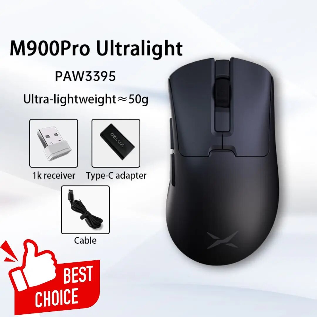 Delux M900PRO беспроводная игровая мышь для больших рук Ultra light Black