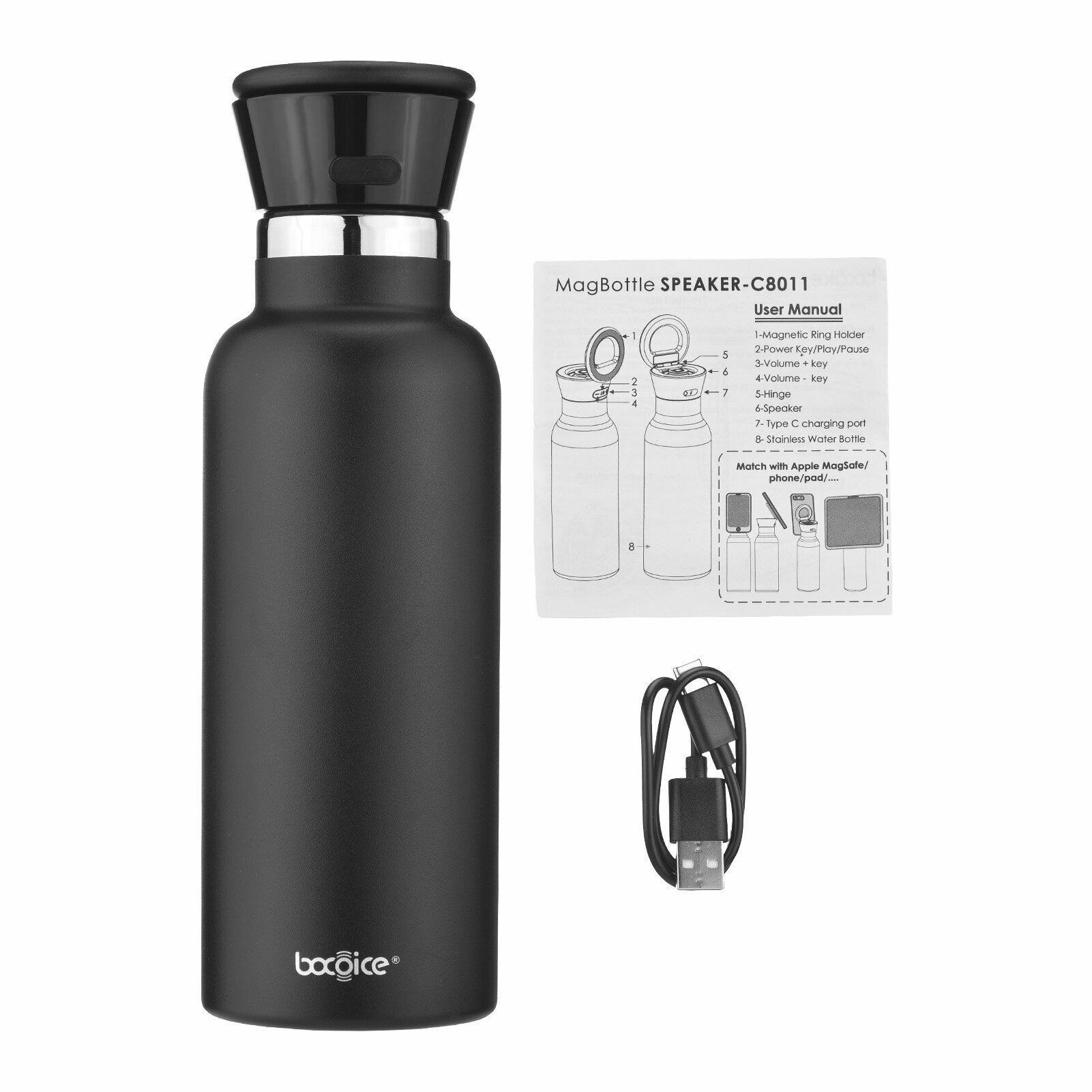 Бутылка для воды 550 мл с динамиком BT Перезаряжаемый магнитный динамик Бутылка для воды Бутылка для воды из нержавеющей стали для занятий спортом в тренажерном зале Офисные путешествия На открытом воздухе IP65 Водонепроницаемый черный