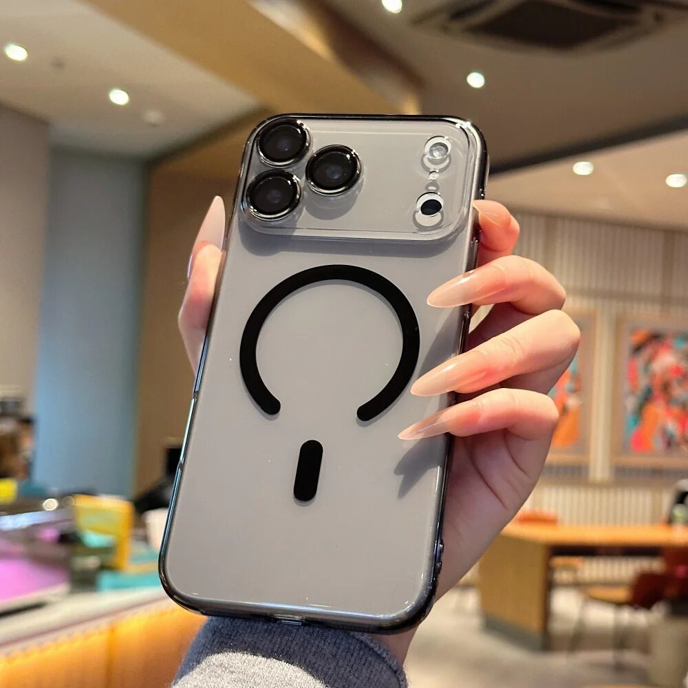 Официальный HD прозрачный магнитный жесткий чехол для iPhone 17 Air 16 15 14 13 12 Pro Max Plus 11 для Magsafe Original Crystal Thin Cover iPhone17 Про, Black