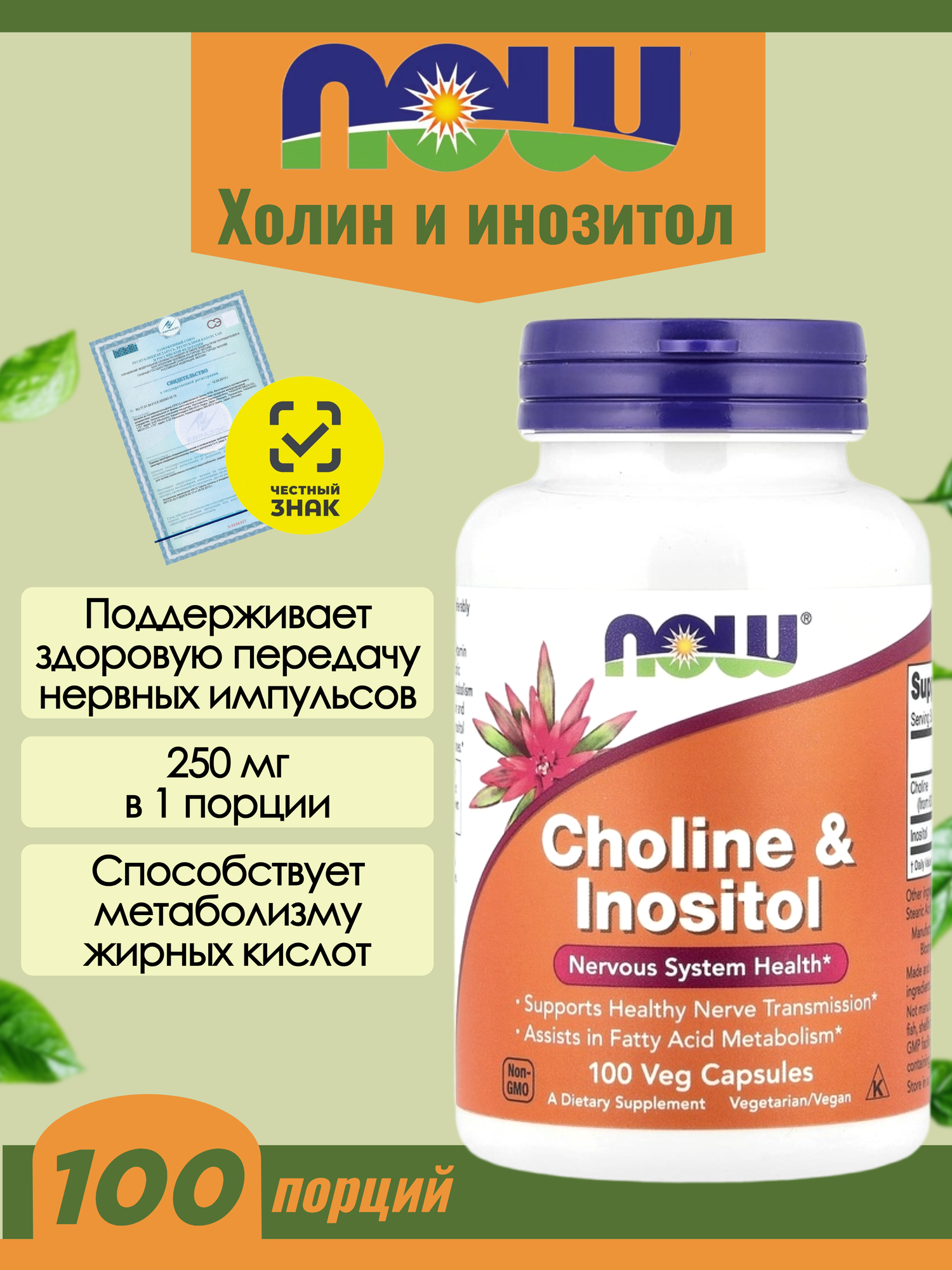 Холин и Инозитол NOW Choline & Inositol, 100 веганских капсул