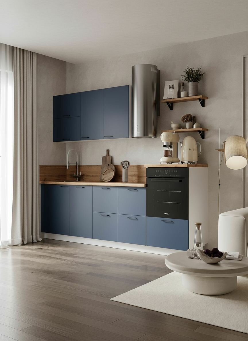 ARNIKA Кухонный гарнитур со столешницей "Дакия" 2,55м х 2,4м, цвет ежевика (синий), фасад пленка ПВХ