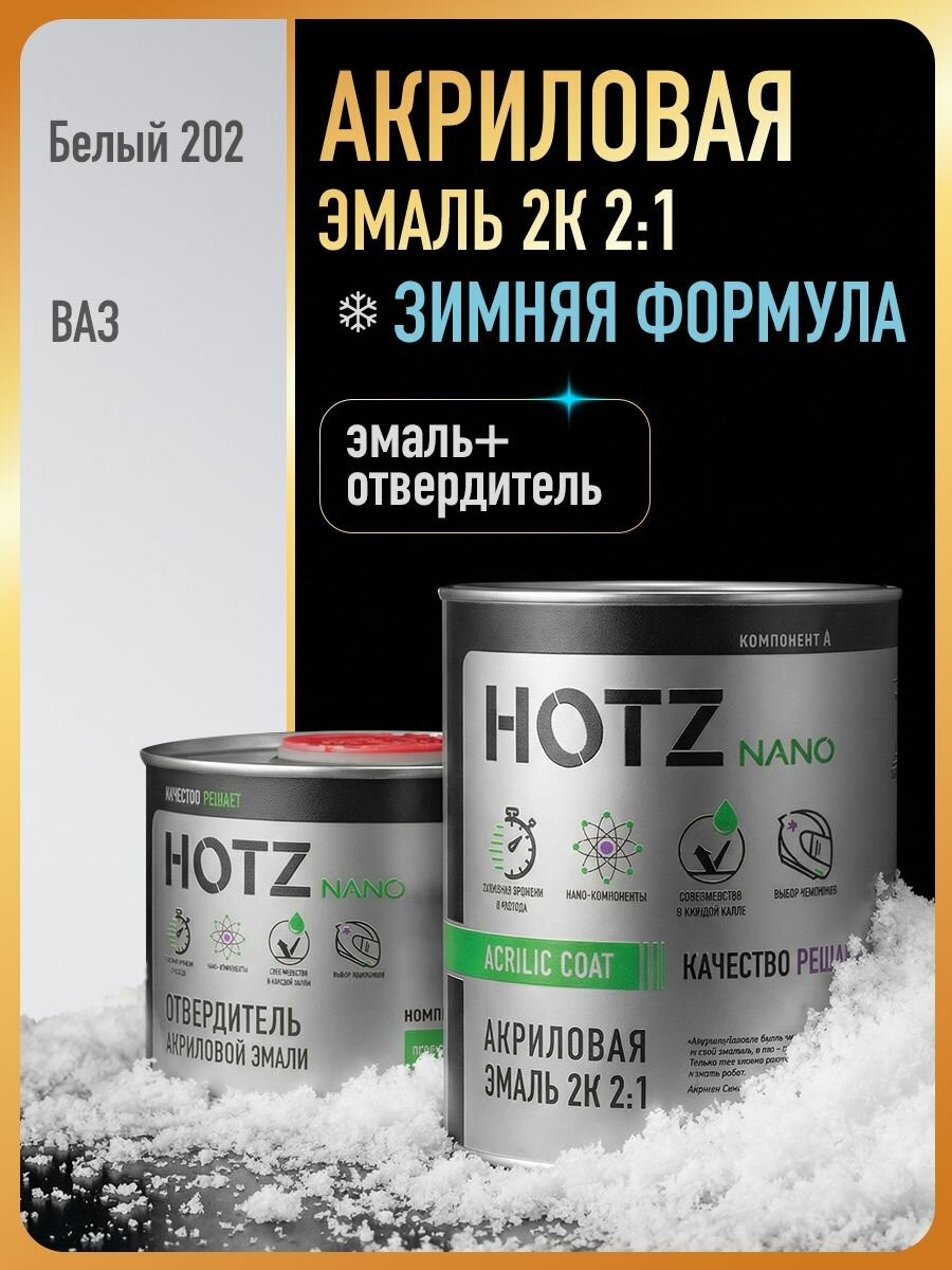 Акриловая краска автомобильная 2К 2:1, Белая 202, Комплект (эмаль: 1000 мл + отвердитель: 500 мл), HOTZ