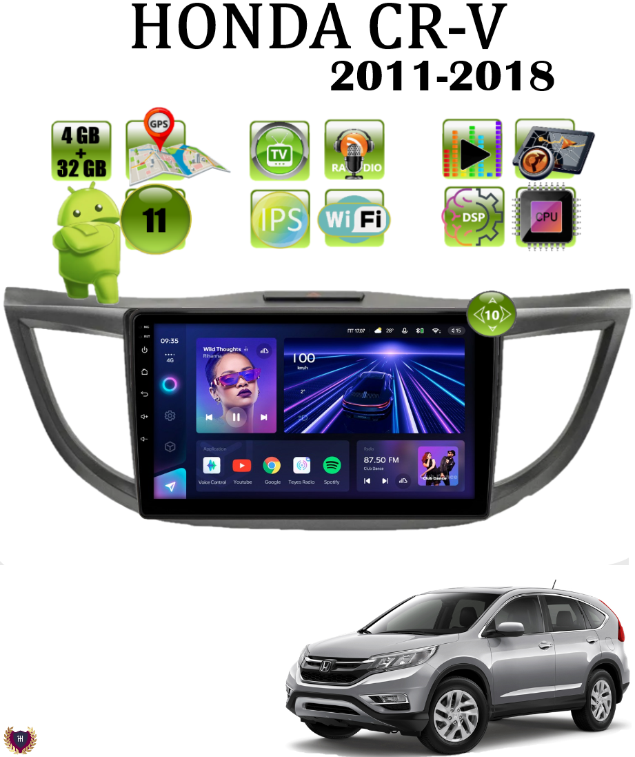 Автомагнитола для Honda CR-V 4/Хонда СРВ 4 (2011-2018), Android 11, 4/32 GB, Bluetooth, WiFi, CarPlay, GPS, поддержка кнопок на руле