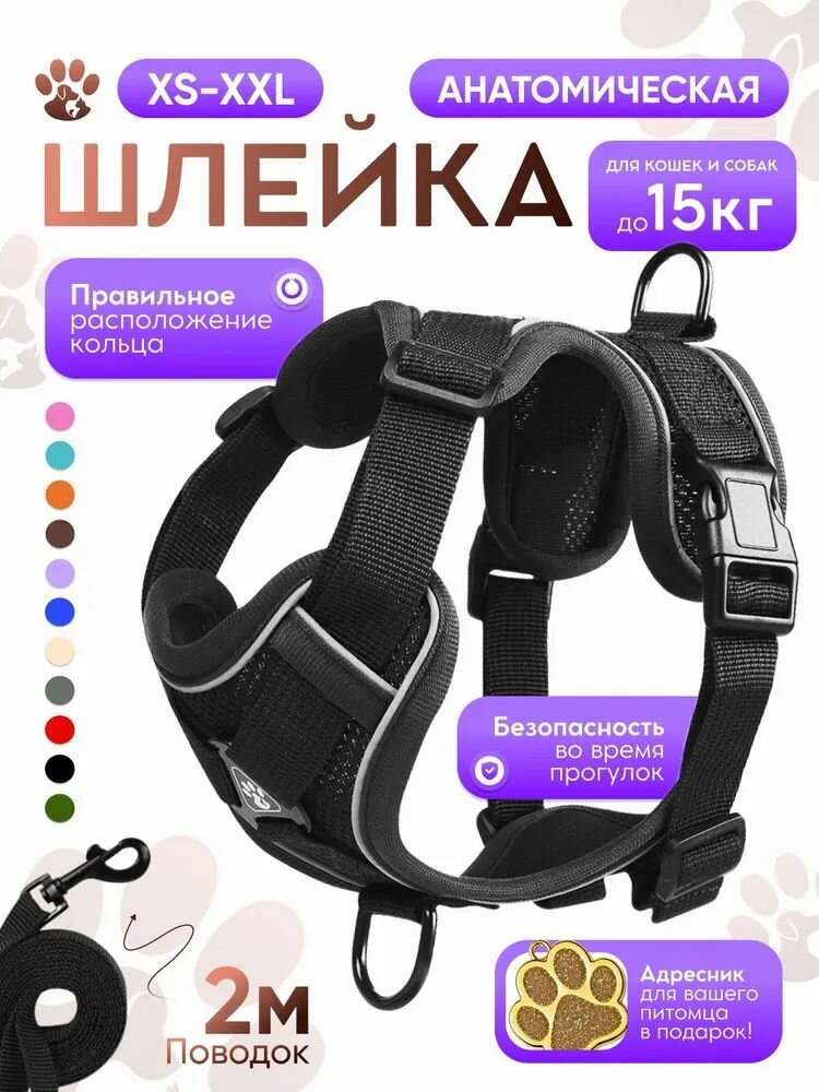 Шлейка для собак мелких и средних пород, анатомическая с поводком 2 метра , размер XXL, цвет черный