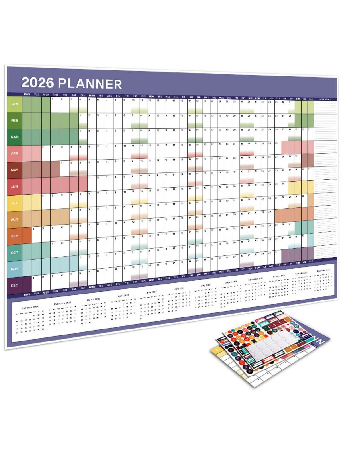 Годовой календарь Rainbow Designs на 2026 год для дома, офиса, школы, 10 многоразовых наклеек