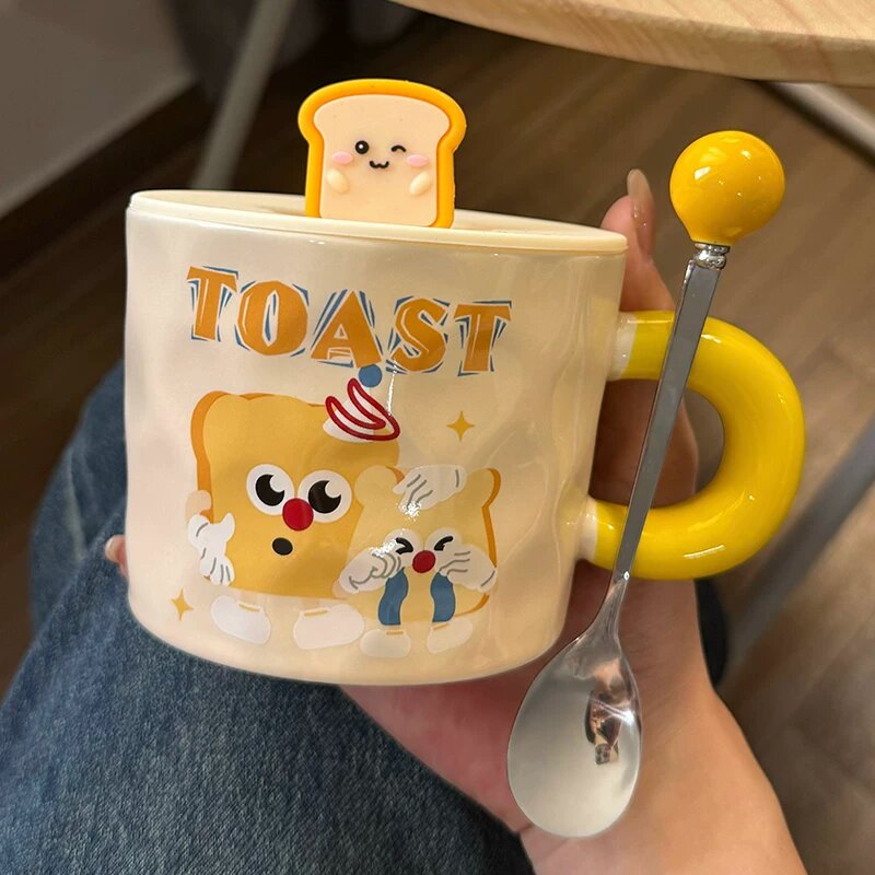Желтый керамический стакан TOAST с крышкой и ложкой - практичный ежедневный кофейный стакан для девушек, подарок на