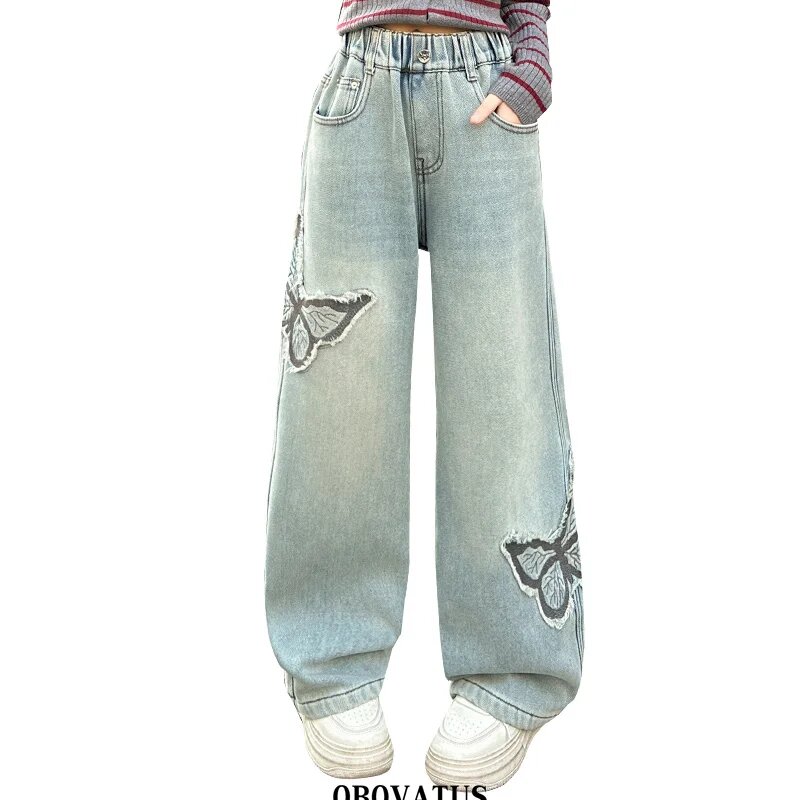 LI Mall Модные винтажные синие джинсы с бабочками узкие прямые брюки для девочек 5-14 лет