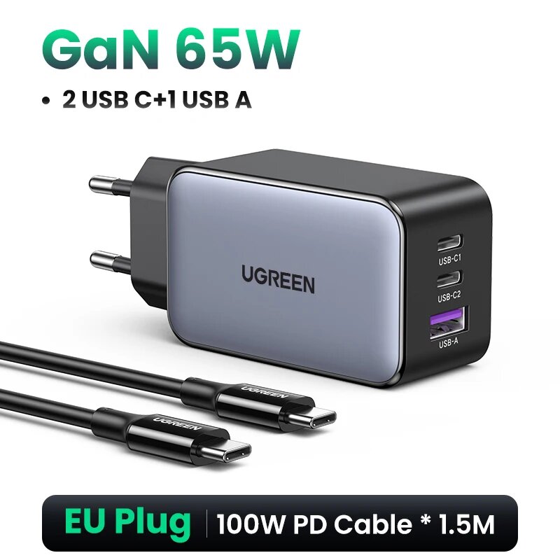 UGREEN 65W GaN зарядное устройство EU Plug с кабелем 1.5M