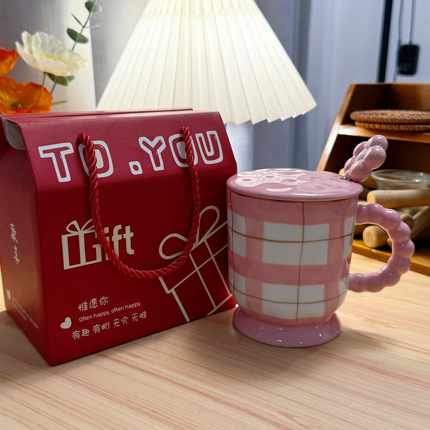 Фиолетовая кружка в клетку с крышкой и ложкой, керамическая чашка, парные чашки для воды, подарок на день рождения для