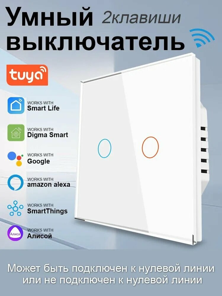 Умный сенсорный выключатель Tuya WIFI smart touch с белыми двойными кнопками