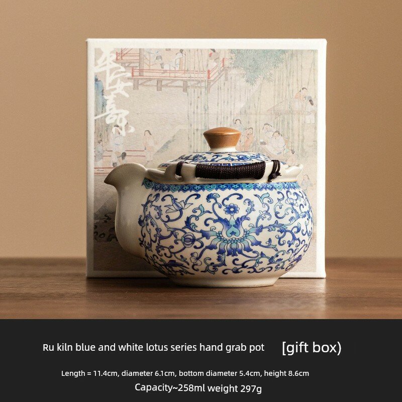Чайник из керамики Jisu Ru Kiln для домашнего использования, с узором сине-белого лотоса, ручной работы, с крышкой с
